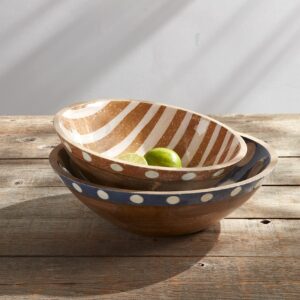 Mud Pie Dotted Enamel Bowls Set; Small 4" X 12" Dia | Large 4" X 14" Dia, Blue