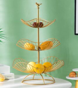 3 tier fruit basket stand, modern tiered fruit bowl for kitchen counter, metal fruit bowl bread baskets, detachable fruit holder storage baskets stand, black/white/gold,gold