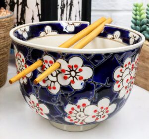 ebros white cherry blossoms sakura mosaic style blue ramen udong noodles 5" diameter bowl with built in chopsticks rest and bamboo chopstick set for dining soup rice meal bowls decor kitchen