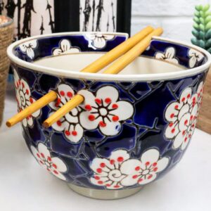 Ebros White Cherry Blossoms Sakura Mosaic Style Blue Ramen Udong Noodles 5" Diameter Bowl With Built In Chopsticks Rest and Bamboo Chopstick Set for Dining Soup Rice Meal Bowls Decor Kitchen