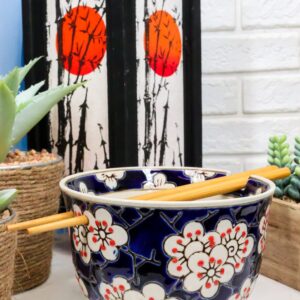 Ebros White Cherry Blossoms Sakura Mosaic Style Blue Ramen Udong Noodles 5" Diameter Bowl With Built In Chopsticks Rest and Bamboo Chopstick Set for Dining Soup Rice Meal Bowls Decor Kitchen