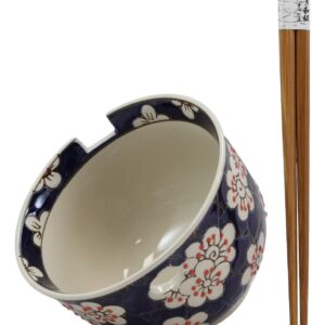 Ebros White Cherry Blossoms Sakura Mosaic Style Blue Ramen Udong Noodles 5" Diameter Bowl With Built In Chopsticks Rest and Bamboo Chopstick Set for Dining Soup Rice Meal Bowls Decor Kitchen