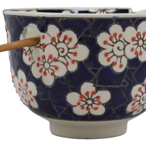 Ebros White Cherry Blossoms Sakura Mosaic Style Blue Ramen Udong Noodles 5" Diameter Bowl With Built In Chopsticks Rest and Bamboo Chopstick Set for Dining Soup Rice Meal Bowls Decor Kitchen