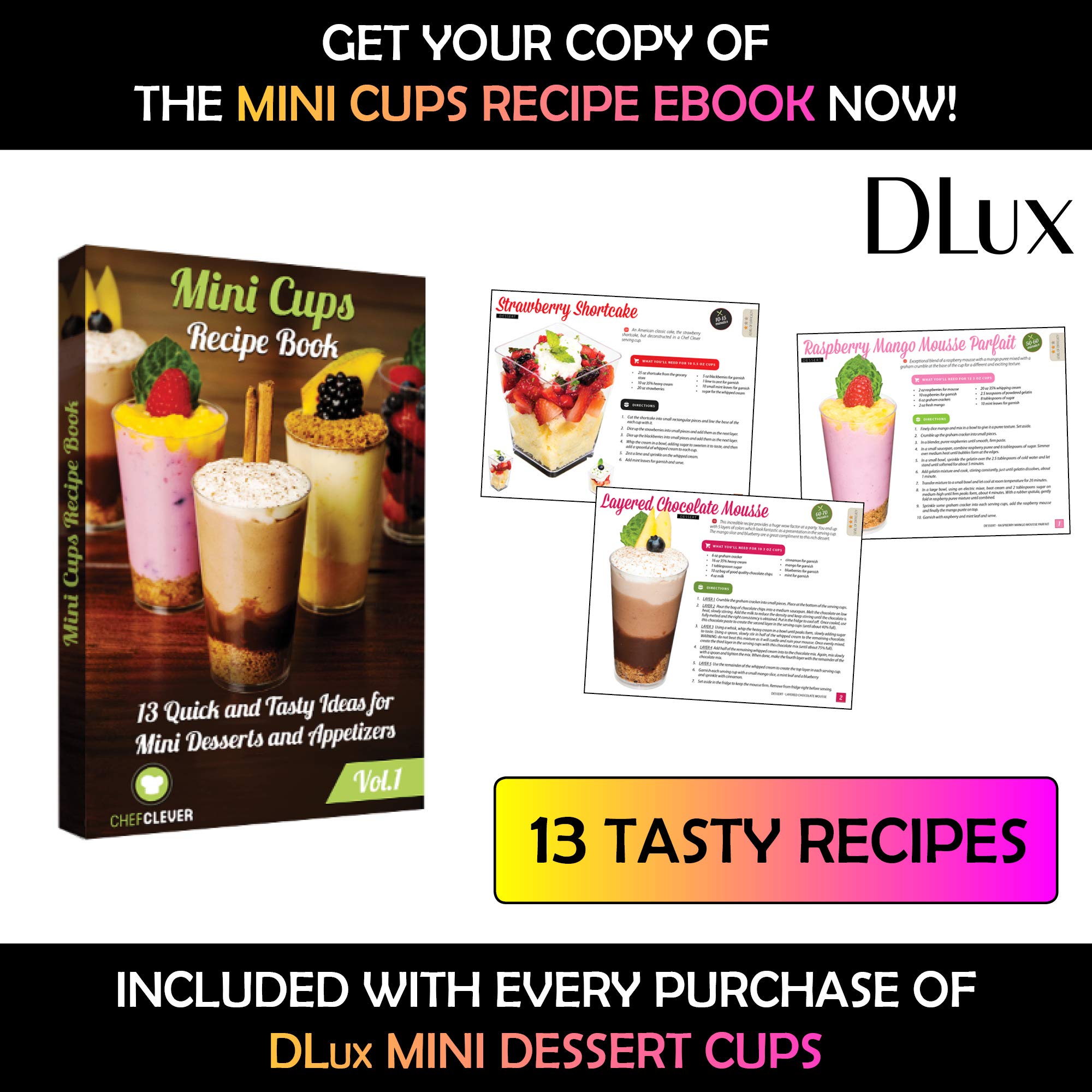 DLux 50 x 5 oz Mini Dessert Cups with Spoons, Large Swirl - Clear Parfait Appetizer Cup - Small Reusable Serving Bowl for Tasting Party Desserts Appetizers - With Recipe Ebook