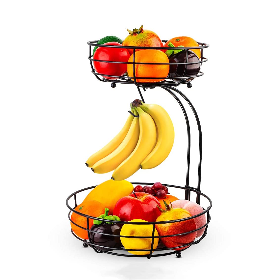 Votono 2-Tier Metal Fruit Basket Detachable with Banana Hanger Fruit Storage Basket for Kitchen, Dining Table, Black