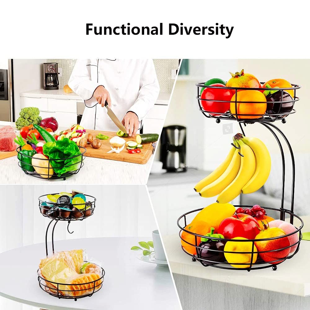 Votono 2-Tier Metal Fruit Basket Detachable with Banana Hanger Fruit Storage Basket for Kitchen, Dining Table, Black