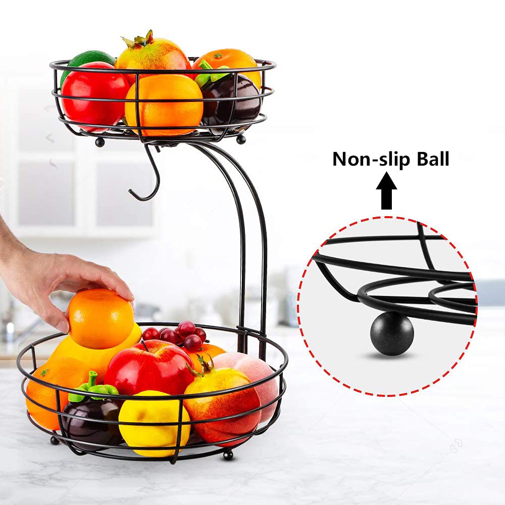 Votono 2-Tier Metal Fruit Basket Detachable with Banana Hanger Fruit Storage Basket for Kitchen, Dining Table, Black