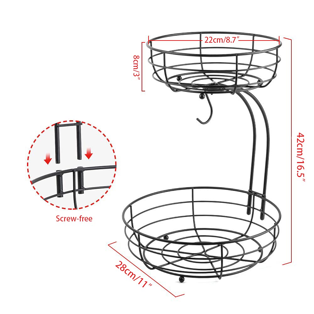 Votono 2-Tier Metal Fruit Basket Detachable with Banana Hanger Fruit Storage Basket for Kitchen, Dining Table, Black