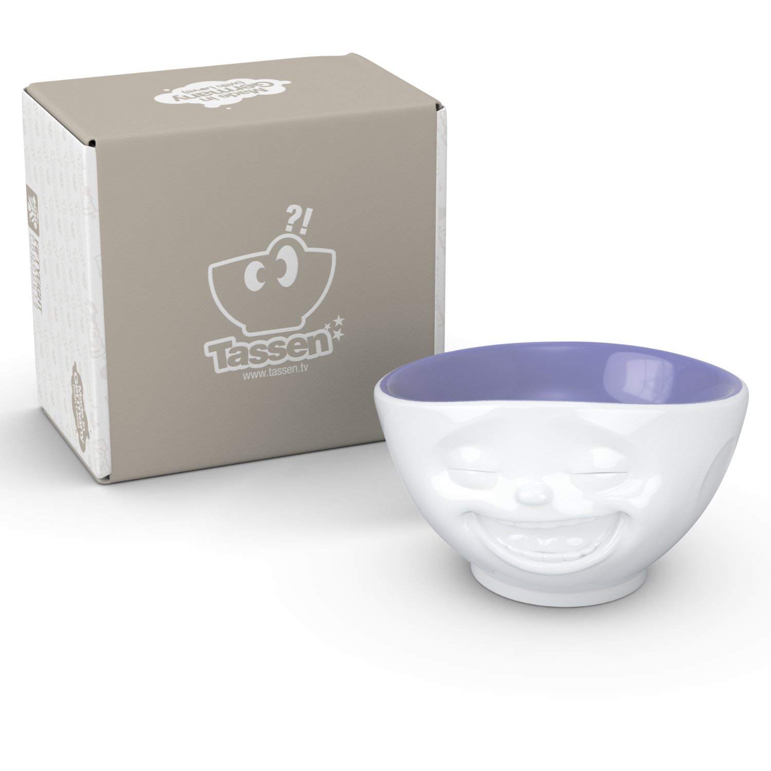 FIFTYEIGHT PRODUCTS TASSEN Porcelain Bowl, Laughing Face Edition, 16 oz. White Outside, Lavender Color Inside (Single Bowl)