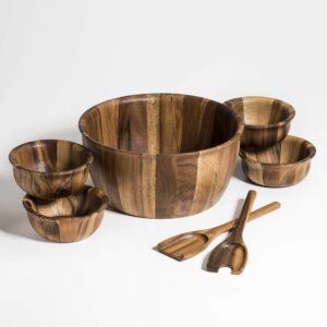 kalmar home 13-inch acacia wood extra large salad bowl with 4 bowls