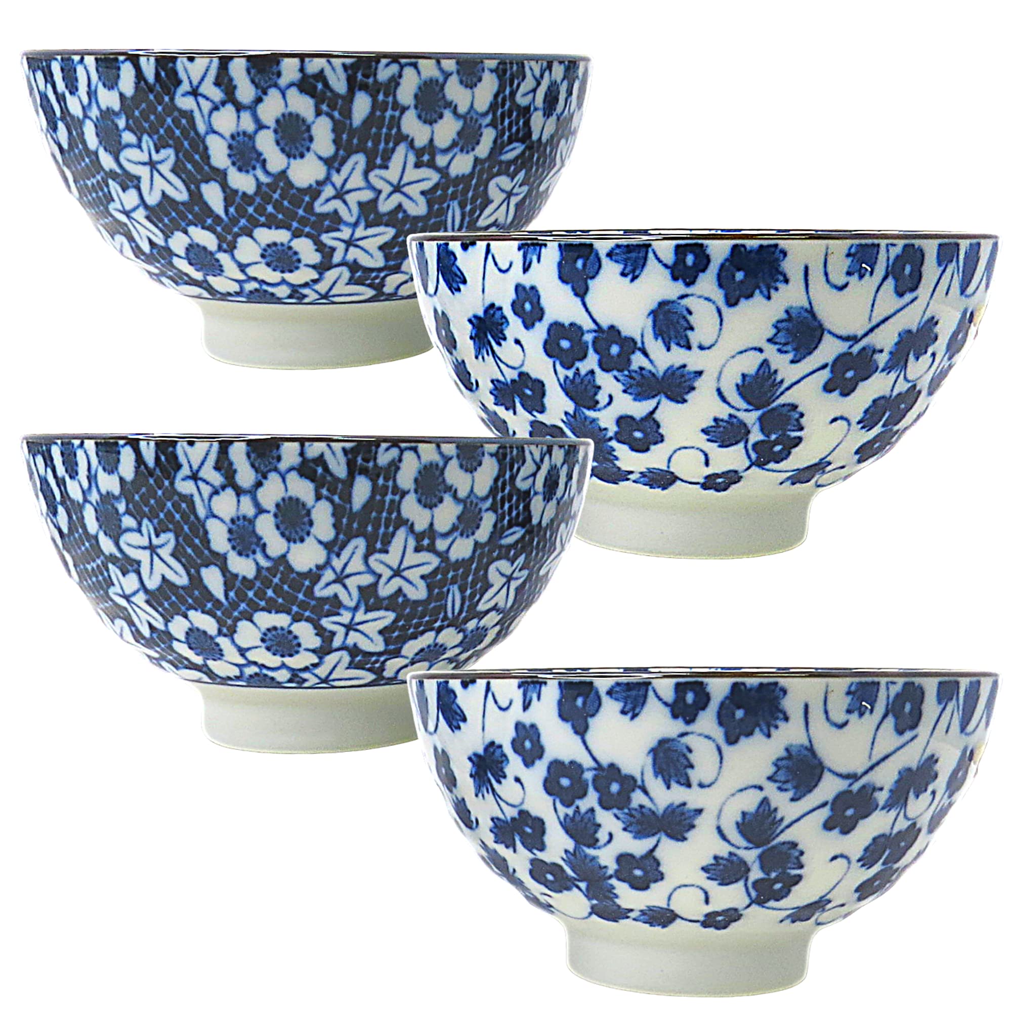 Four Piece Ceramic Donburi Bowl Set, Miso Soup Bowls with Blue and White Floral Designs, Kitchenware Housewarming and Wedding Shower Gifts, 4.75 Inches