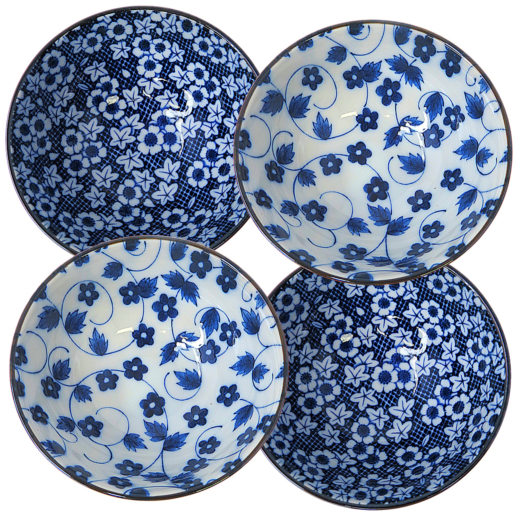 Four Piece Ceramic Donburi Bowl Set, Miso Soup Bowls with Blue and White Floral Designs, Kitchenware Housewarming and Wedding Shower Gifts, 4.75 Inches