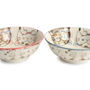 Mino ware Japanese Pair Ramen Noodle Donburi Bowl Smiling Cats Blue & Pink Set made in Japan (Japan Import) MIG001