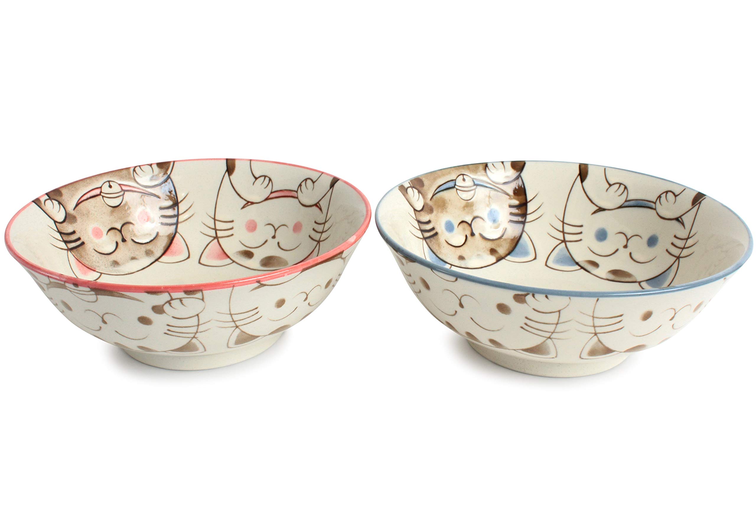 Mino ware Japanese Pair Ramen Noodle Donburi Bowl Smiling Cats Blue & Pink Set made in Japan (Japan Import) MIG001