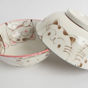 Mino ware Japanese Pair Ramen Noodle Donburi Bowl Smiling Cats Blue & Pink Set made in Japan (Japan Import) MIG001