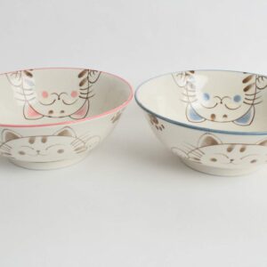 Mino ware Japanese Pair Ramen Noodle Donburi Bowl Smiling Cats Blue & Pink Set made in Japan (Japan Import) MIG001