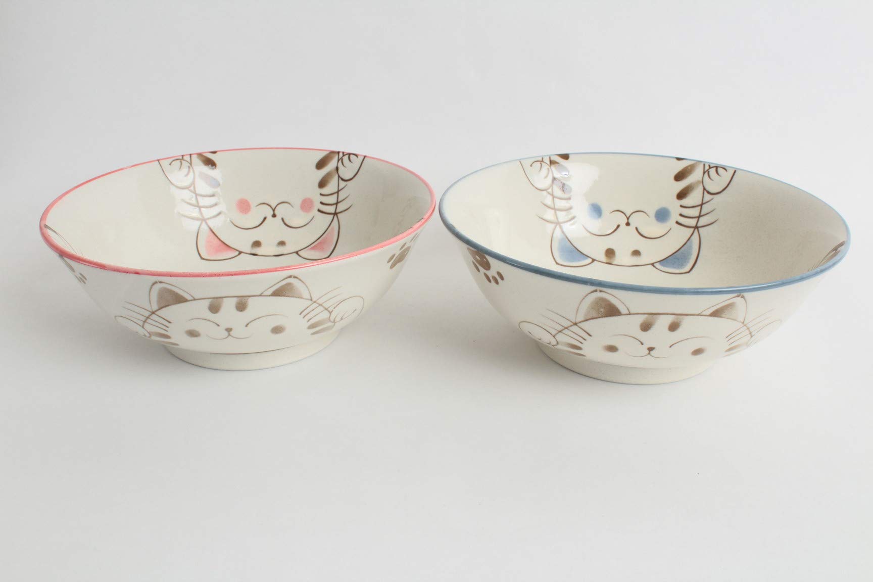 Mino ware Japanese Pair Ramen Noodle Donburi Bowl Smiling Cats Blue & Pink Set made in Japan (Japan Import) MIG001