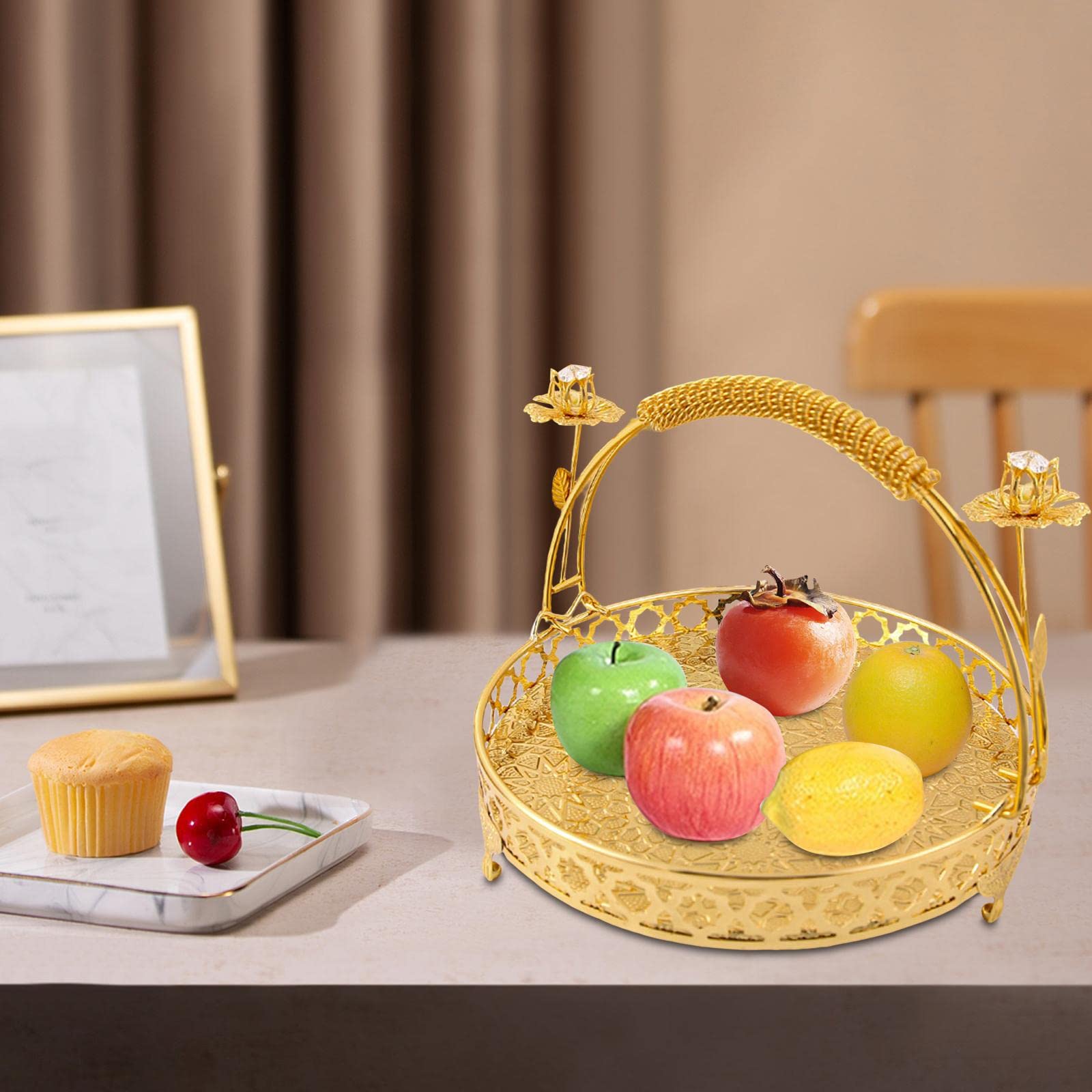 Gralara European Style Serving Tray Cupcake Dessert Party Display Dried Food Tray Organizer Metal Decorative Storage Fruit Bowl for Centerpiece, Aureate