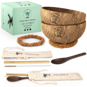 halonut's coconut bowls- acacia wooden spoons, bamboo straw cleaner, coconut husk rope stand, cotton pouch buddha acai smoothie vegan bowl handmade by artisan natural unique eco friendly gift set of 2