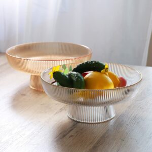 Kelendle Glass Footed Bowl Round Pedestal Bowl Clear Fruit Bowl Decorative Serving Dish Dessert Display Stand Snacks Nuts Plate for Kitchen Counter Centerpiece Table Decor Amber 10.2inch