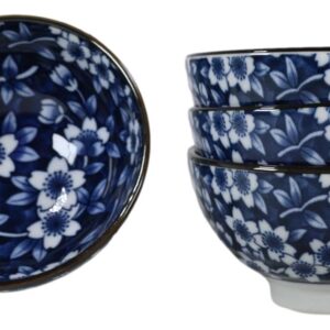 Ebros Gift Made in Japan Ming Style Blue And White Summer Floral Blossom Design 12oz Rice Soup Cereal Porcelain Bowls Set of 4 Home Decor Zen Asian Fusion Accent Housewarming Birthday Gifts Bowl Set