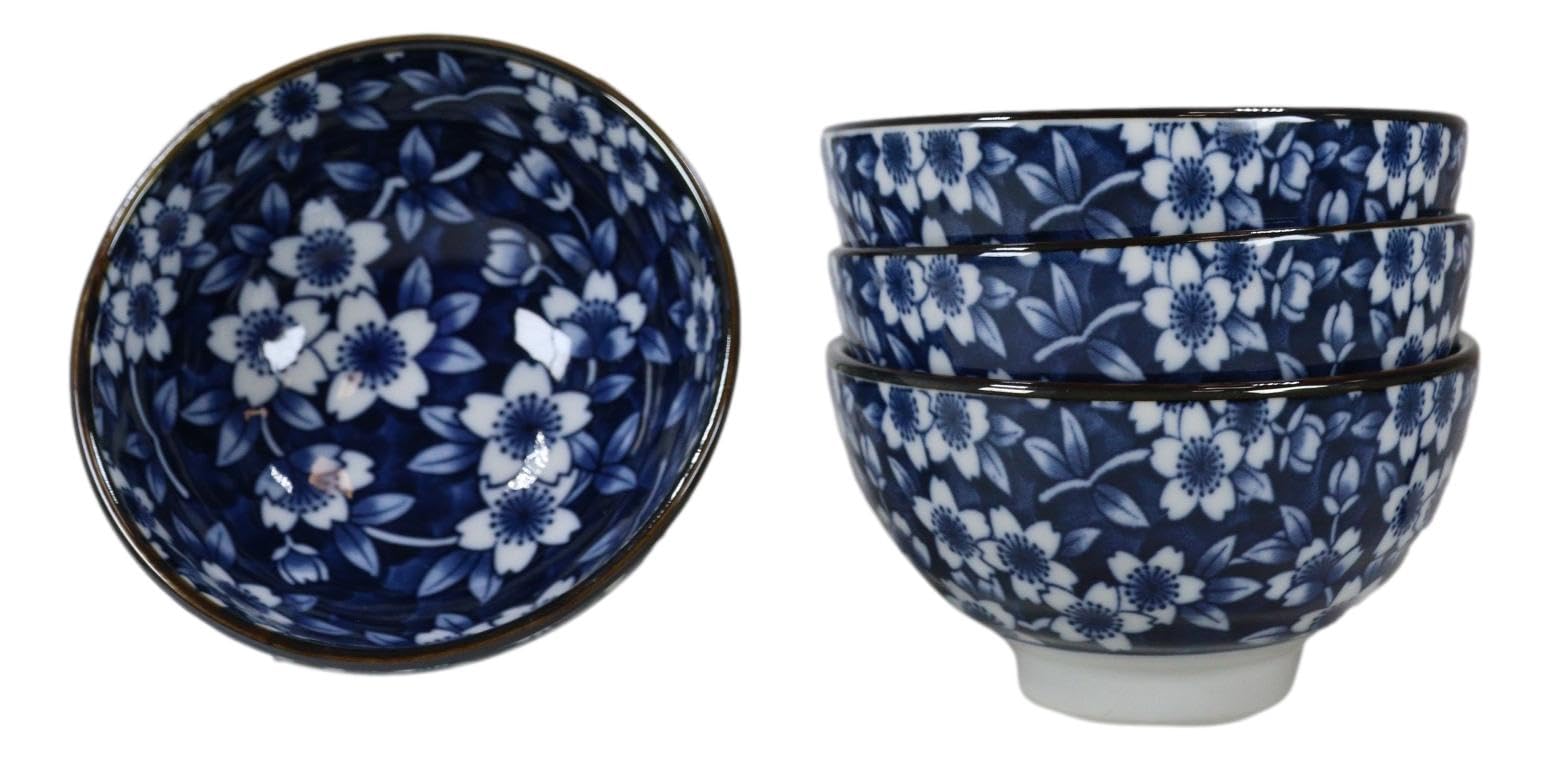 Ebros Gift Made in Japan Ming Style Blue And White Summer Floral Blossom Design 12oz Rice Soup Cereal Porcelain Bowls Set of 4 Home Decor Zen Asian Fusion Accent Housewarming Birthday Gifts Bowl Set