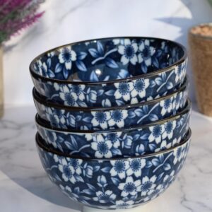 Ebros Gift Made in Japan Ming Style Blue And White Summer Floral Blossom Design 12oz Rice Soup Cereal Porcelain Bowls Set of 4 Home Decor Zen Asian Fusion Accent Housewarming Birthday Gifts Bowl Set