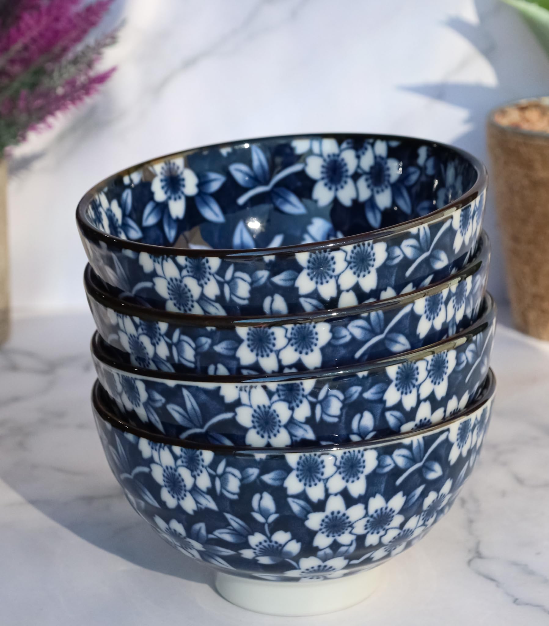 Ebros Gift Made in Japan Ming Style Blue And White Summer Floral Blossom Design 12oz Rice Soup Cereal Porcelain Bowls Set of 4 Home Decor Zen Asian Fusion Accent Housewarming Birthday Gifts Bowl Set