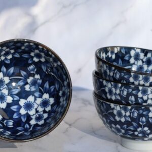 Ebros Gift Made in Japan Ming Style Blue And White Summer Floral Blossom Design 12oz Rice Soup Cereal Porcelain Bowls Set of 4 Home Decor Zen Asian Fusion Accent Housewarming Birthday Gifts Bowl Set