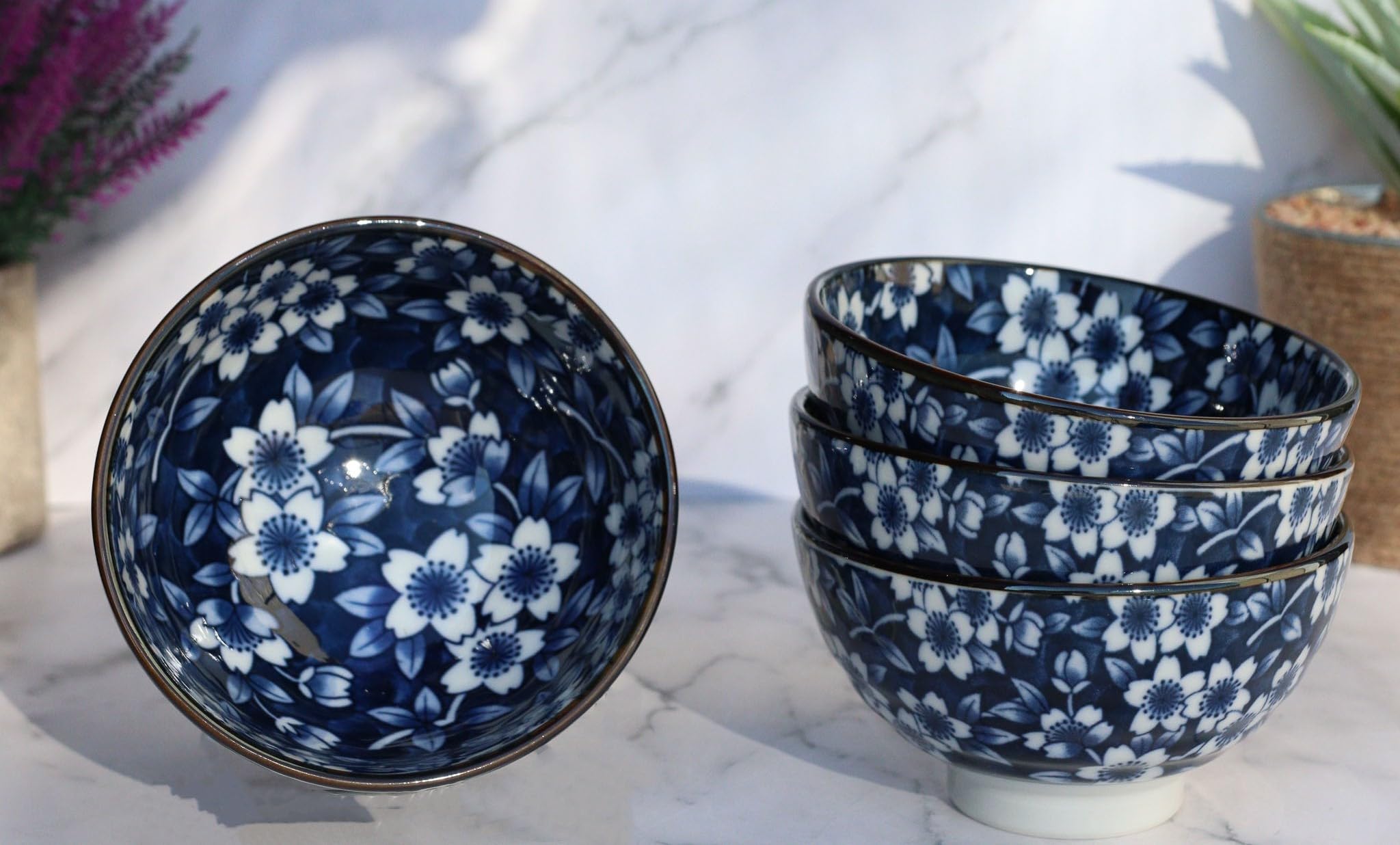 Ebros Gift Made in Japan Ming Style Blue And White Summer Floral Blossom Design 12oz Rice Soup Cereal Porcelain Bowls Set of 4 Home Decor Zen Asian Fusion Accent Housewarming Birthday Gifts Bowl Set