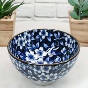 Ebros Gift Made in Japan Ming Style Blue And White Summer Floral Blossom Design 12oz Rice Soup Cereal Porcelain Bowls Set of 4 Home Decor Zen Asian Fusion Accent Housewarming Birthday Gifts Bowl Set