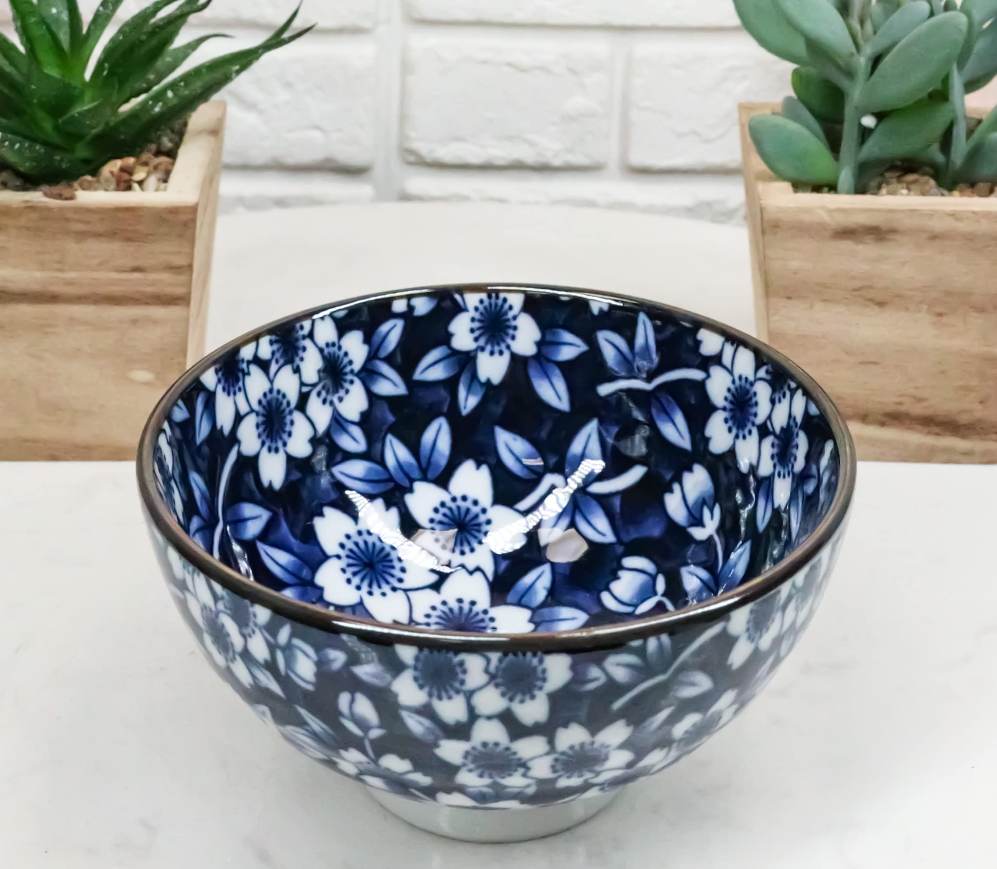 Ebros Gift Made in Japan Ming Style Blue And White Summer Floral Blossom Design 12oz Rice Soup Cereal Porcelain Bowls Set of 4 Home Decor Zen Asian Fusion Accent Housewarming Birthday Gifts Bowl Set