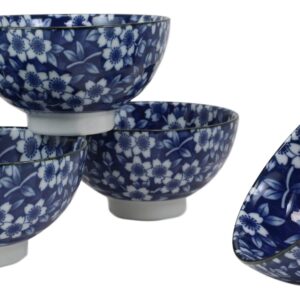 Ebros Gift Made in Japan Ming Style Blue And White Summer Floral Blossom Design 12oz Rice Soup Cereal Porcelain Bowls Set of 4 Home Decor Zen Asian Fusion Accent Housewarming Birthday Gifts Bowl Set