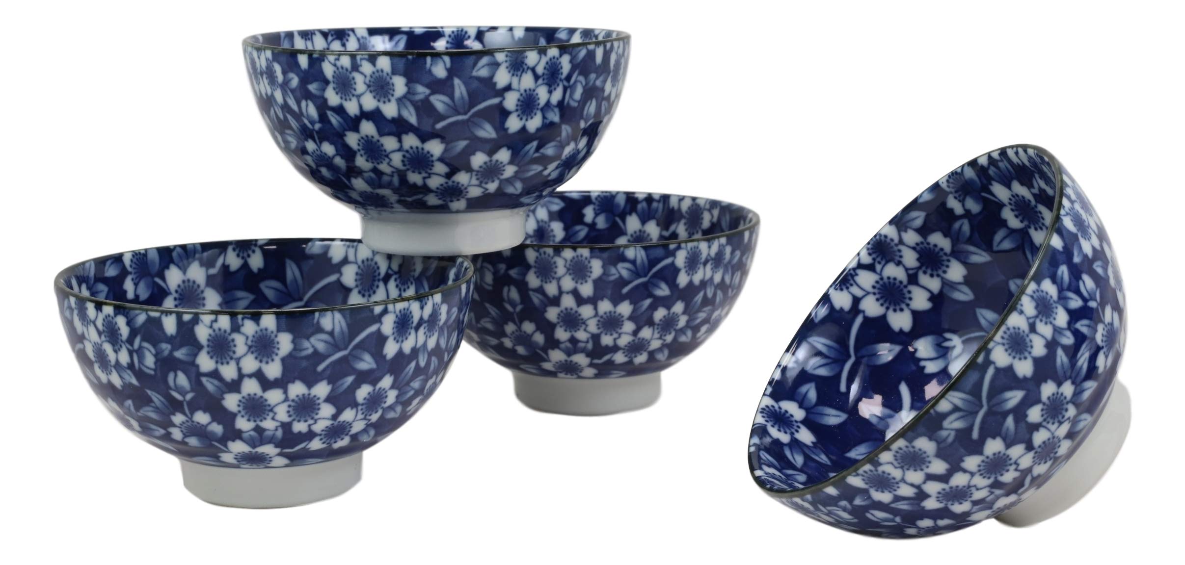 Ebros Gift Made in Japan Ming Style Blue And White Summer Floral Blossom Design 12oz Rice Soup Cereal Porcelain Bowls Set of 4 Home Decor Zen Asian Fusion Accent Housewarming Birthday Gifts Bowl Set