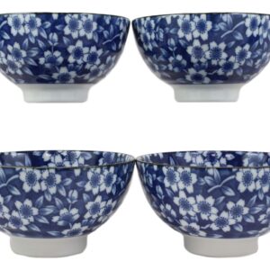 Ebros Gift Made in Japan Ming Style Blue And White Summer Floral Blossom Design 12oz Rice Soup Cereal Porcelain Bowls Set of 4 Home Decor Zen Asian Fusion Accent Housewarming Birthday Gifts Bowl Set