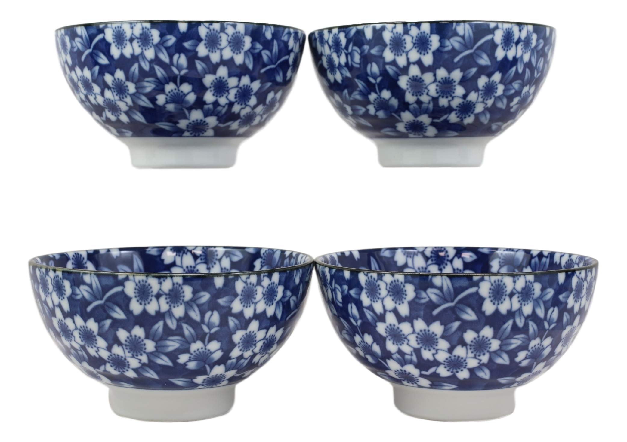 Ebros Gift Made in Japan Ming Style Blue And White Summer Floral Blossom Design 12oz Rice Soup Cereal Porcelain Bowls Set of 4 Home Decor Zen Asian Fusion Accent Housewarming Birthday Gifts Bowl Set