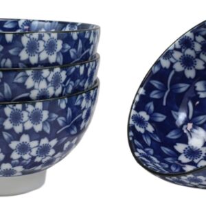 Ebros Gift Made in Japan Ming Style Blue And White Summer Floral Blossom Design 12oz Rice Soup Cereal Porcelain Bowls Set of 4 Home Decor Zen Asian Fusion Accent Housewarming Birthday Gifts Bowl Set