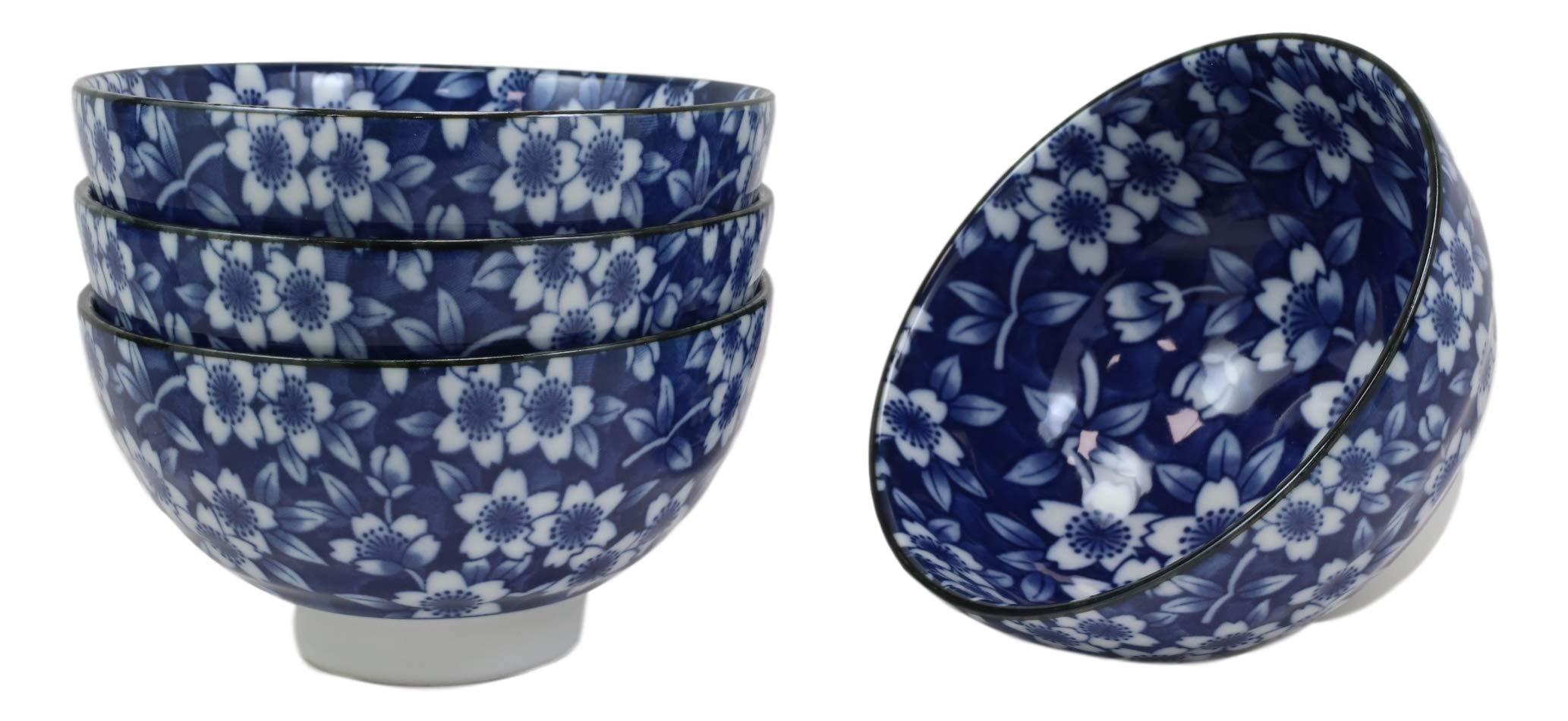 Ebros Gift Made in Japan Ming Style Blue And White Summer Floral Blossom Design 12oz Rice Soup Cereal Porcelain Bowls Set of 4 Home Decor Zen Asian Fusion Accent Housewarming Birthday Gifts Bowl Set