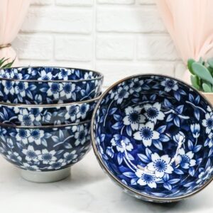 Ebros Gift Made in Japan Ming Style Blue And White Summer Floral Blossom Design 12oz Rice Soup Cereal Porcelain Bowls Set of 4 Home Decor Zen Asian Fusion Accent Housewarming Birthday Gifts Bowl Set