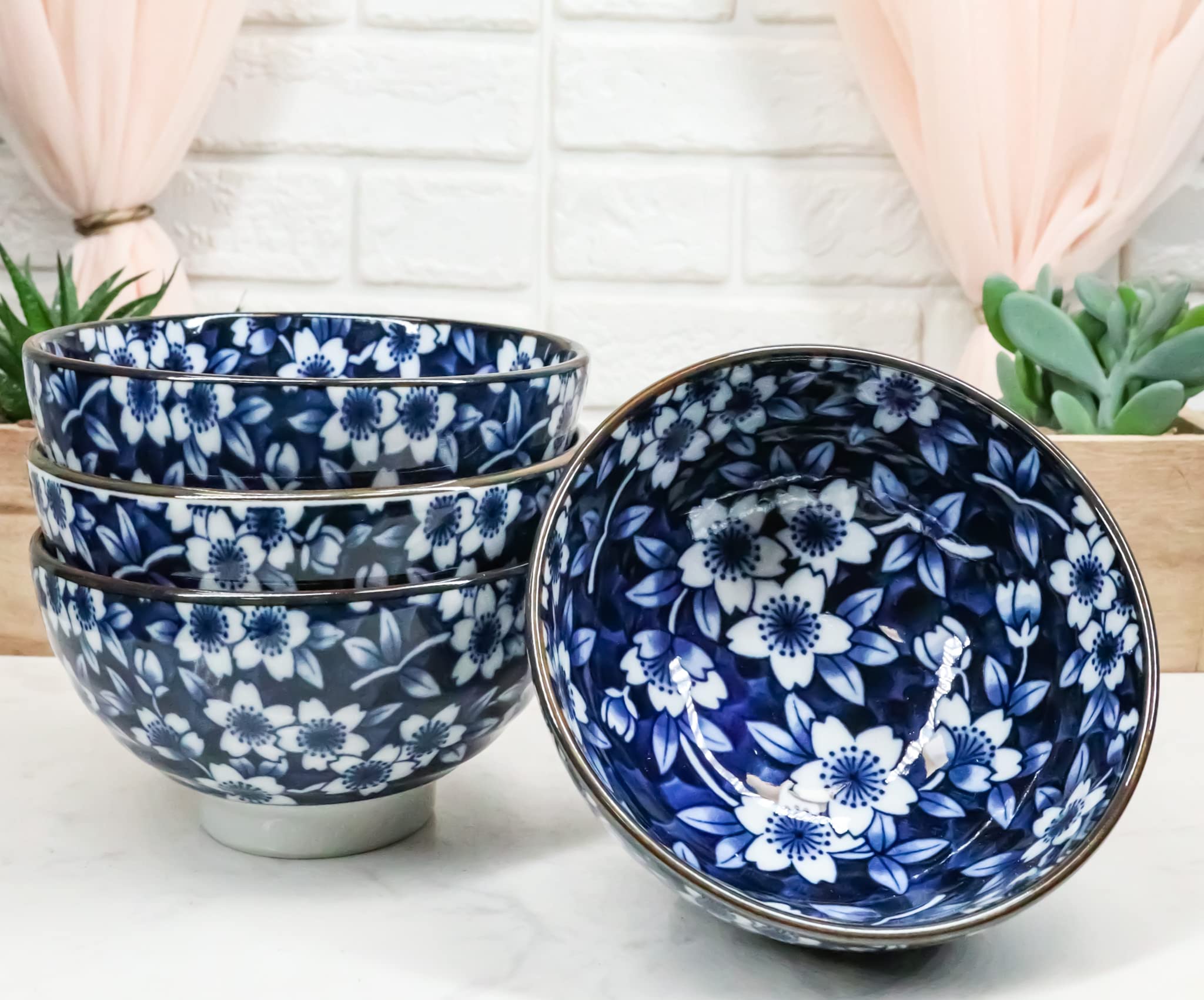 Ebros Gift Made in Japan Ming Style Blue And White Summer Floral Blossom Design 12oz Rice Soup Cereal Porcelain Bowls Set of 4 Home Decor Zen Asian Fusion Accent Housewarming Birthday Gifts Bowl Set