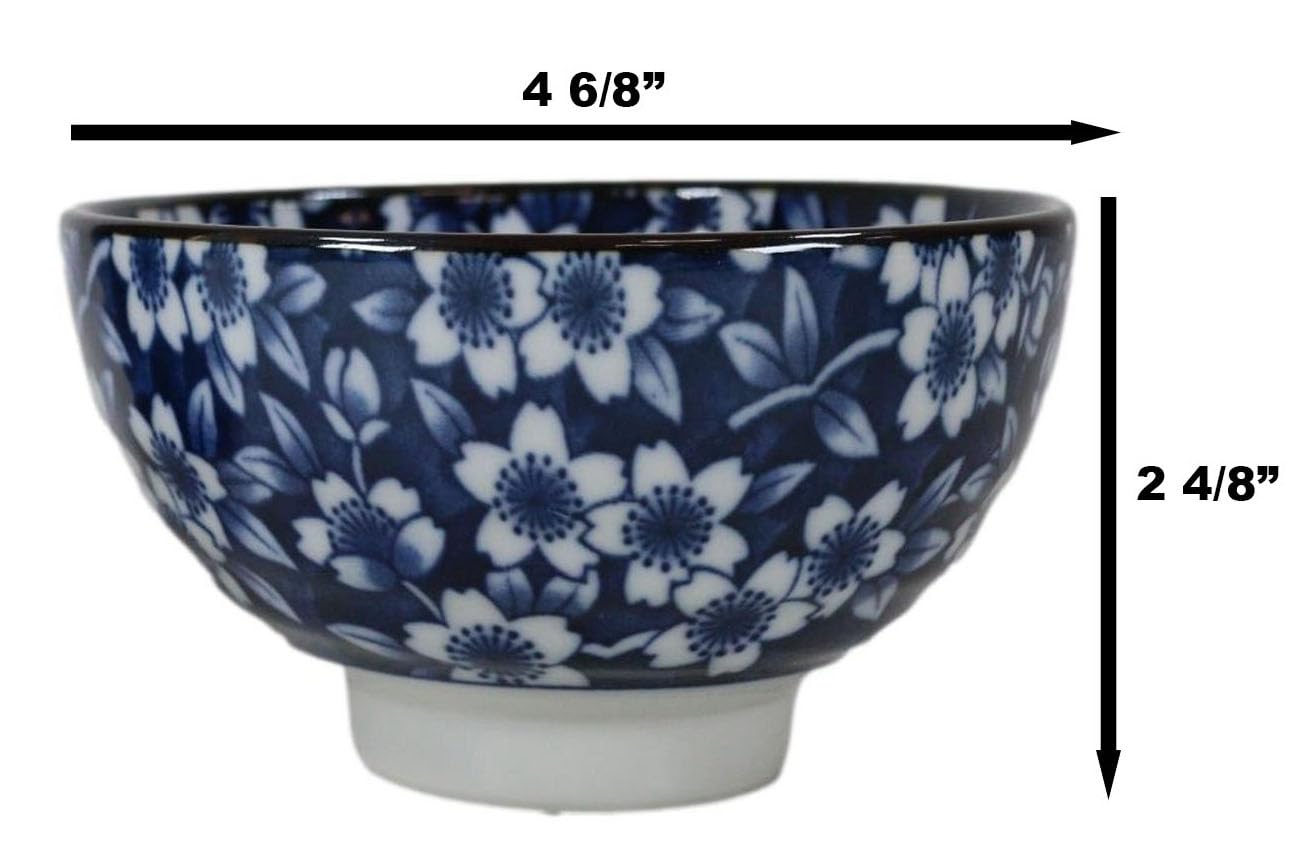 Ebros Gift Made in Japan Ming Style Blue And White Summer Floral Blossom Design 12oz Rice Soup Cereal Porcelain Bowls Set of 4 Home Decor Zen Asian Fusion Accent Housewarming Birthday Gifts Bowl Set