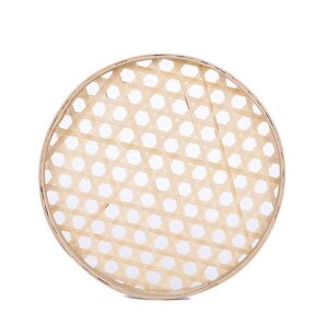 100% handwoven flat wicker round fruit basket woven food storage weaved shallow tray organizer holder bowl decorative rack display kids diy drawing board (hexagon hollow-bamboo-white, 30cm/11.8")