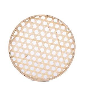 100% Handwoven Flat Wicker Round Fruit Basket Woven Food Storage Weaved Shallow Tray Organizer Holder Bowl Decorative Rack Display Kids DIY Drawing Board (Hexagon Hollow-Bamboo-White, 30cm/11.8")