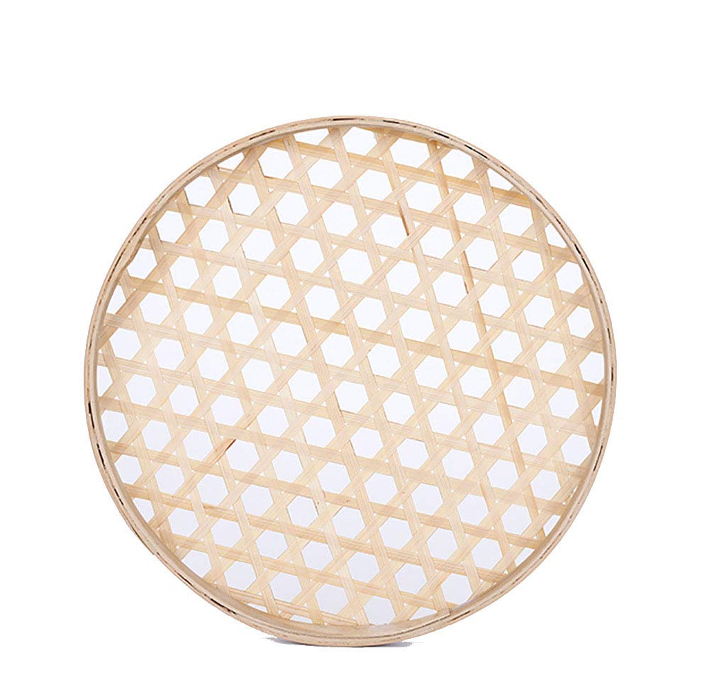 100% Handwoven Flat Wicker Round Fruit Basket Woven Food Storage Weaved Shallow Tray Organizer Holder Bowl Decorative Rack Display Kids DIY Drawing Board (Hexagon Hollow-Bamboo-White, 30cm/11.8")