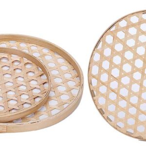 100% Handwoven Flat Wicker Round Fruit Basket Woven Food Storage Weaved Shallow Tray Organizer Holder Bowl Decorative Rack Display Kids DIY Drawing Board (Hexagon Hollow-Bamboo-White, 30cm/11.8")