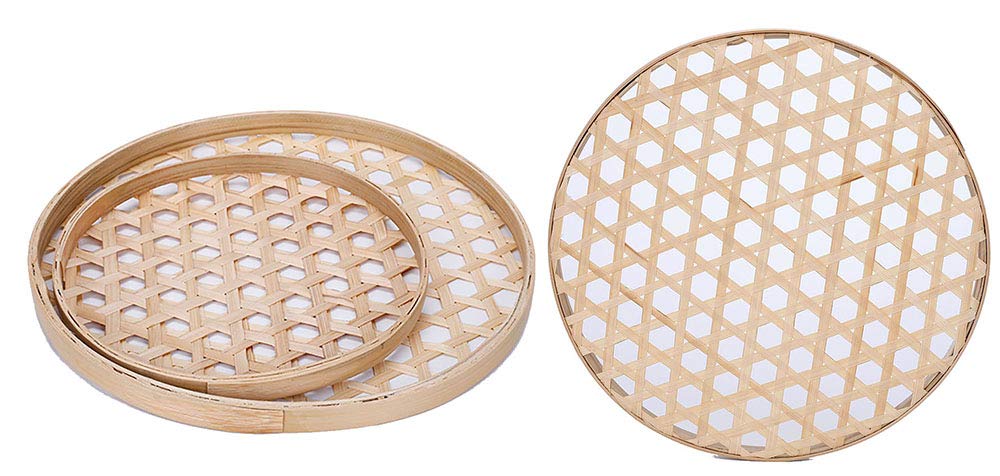 100% Handwoven Flat Wicker Round Fruit Basket Woven Food Storage Weaved Shallow Tray Organizer Holder Bowl Decorative Rack Display Kids DIY Drawing Board (Hexagon Hollow-Bamboo-White, 30cm/11.8")