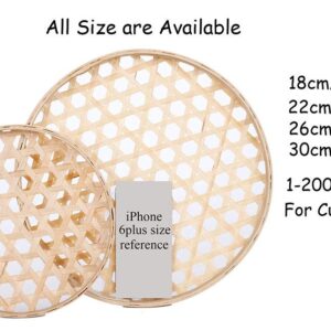 100% Handwoven Flat Wicker Round Fruit Basket Woven Food Storage Weaved Shallow Tray Organizer Holder Bowl Decorative Rack Display Kids DIY Drawing Board (Hexagon Hollow-Bamboo-White, 30cm/11.8")