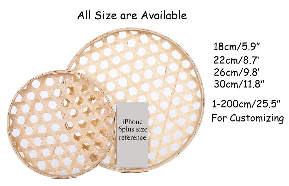 100% Handwoven Flat Wicker Round Fruit Basket Woven Food Storage Weaved Shallow Tray Organizer Holder Bowl Decorative Rack Display Kids DIY Drawing Board (Hexagon Hollow-Bamboo-White, 30cm/11.8")