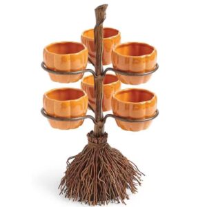 kleoad halloween resin broom pumpkin cupcake stand halloween broomstick snack bowl stand wooden, halloween decorations pumpkin cupcake tray holiday festival wedding party supplies