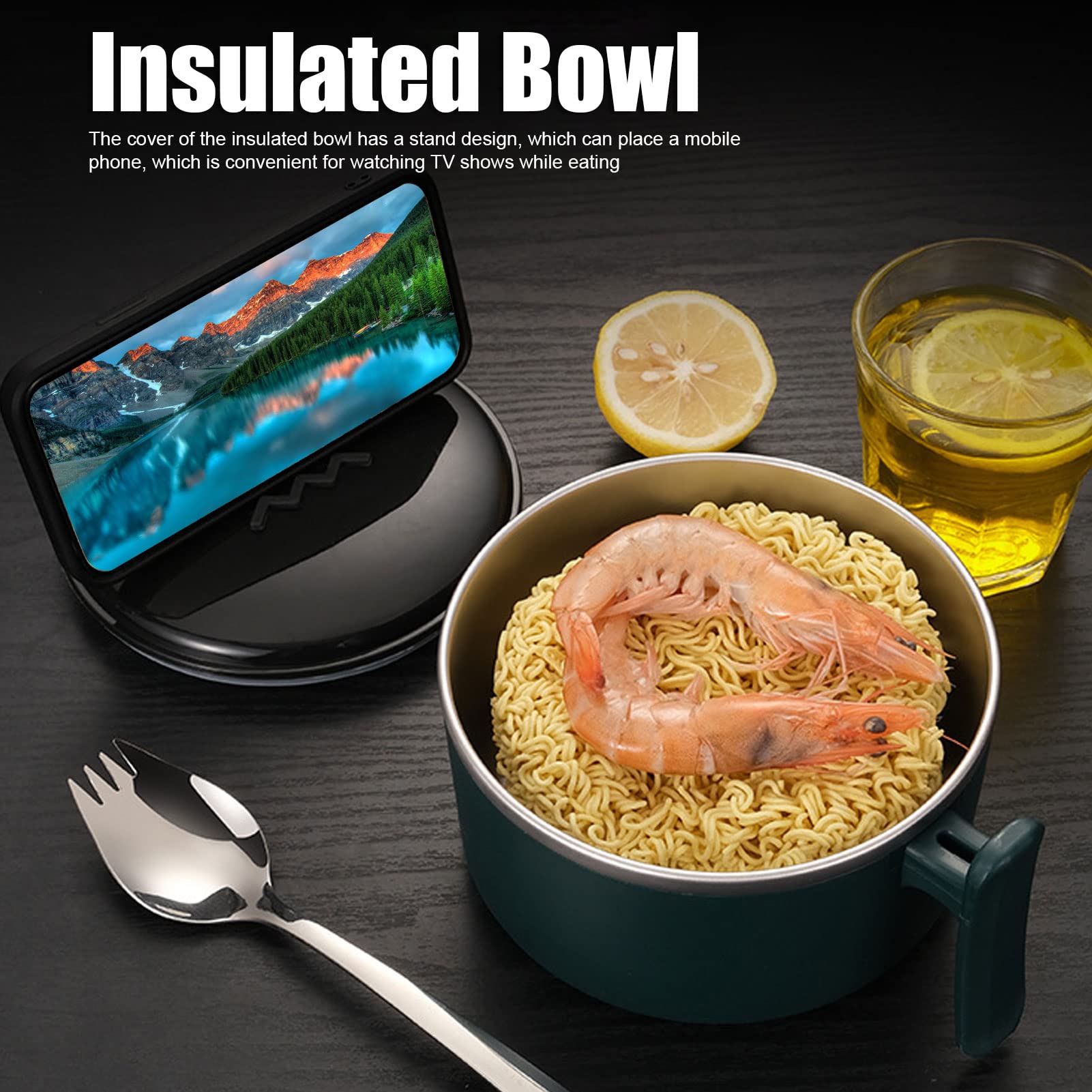 TOPINCN Insulated Bowl, Ramen Bowl 304 Stainless Steel Instant Noodles Bowl with Lids Double Layer Heat Insulation Ramen Mug Serving Bowl for Kitchen(Dark green)